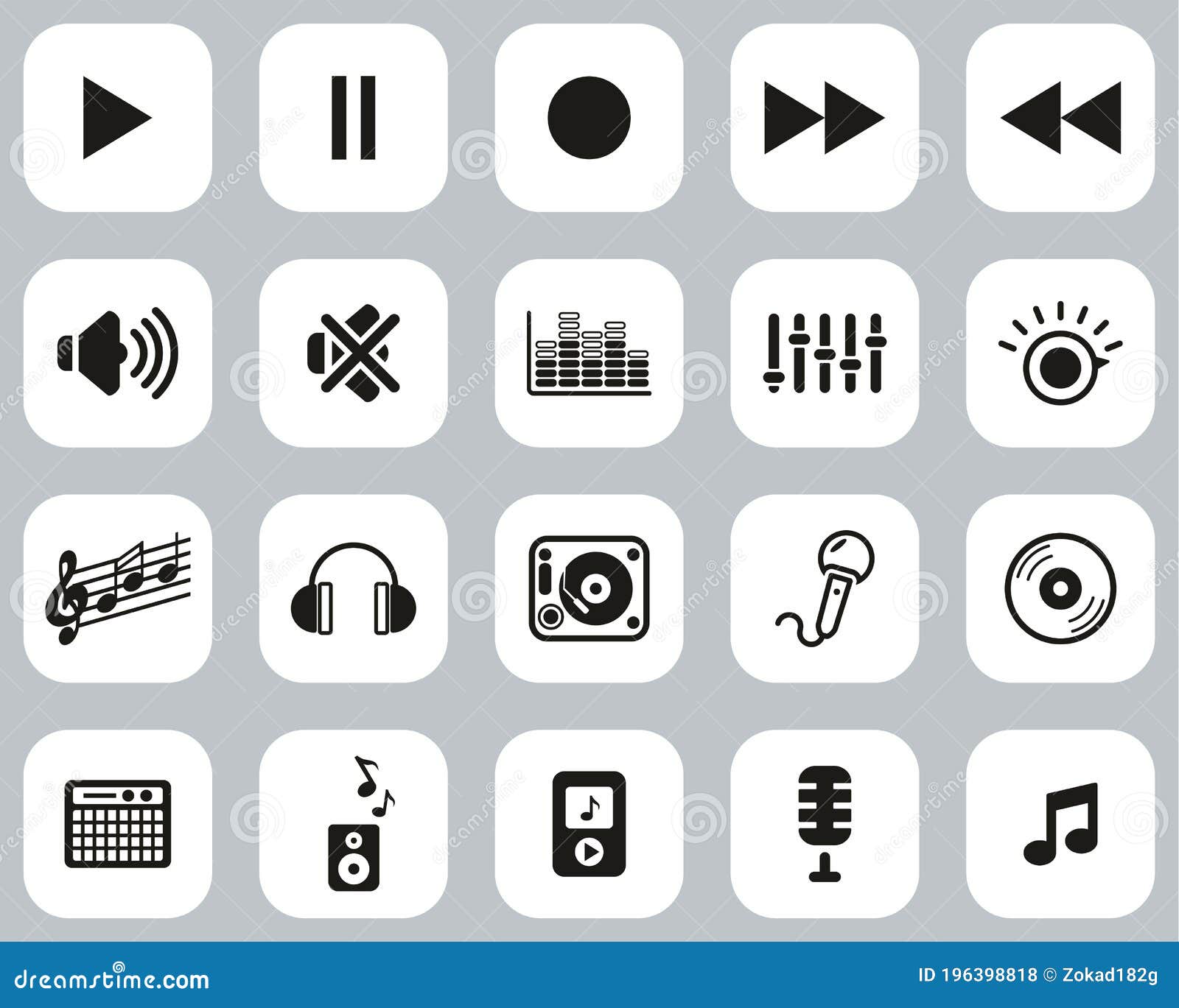 Audio or Sound Icons Black & White Flat Design Set Big Stock Vector ...
