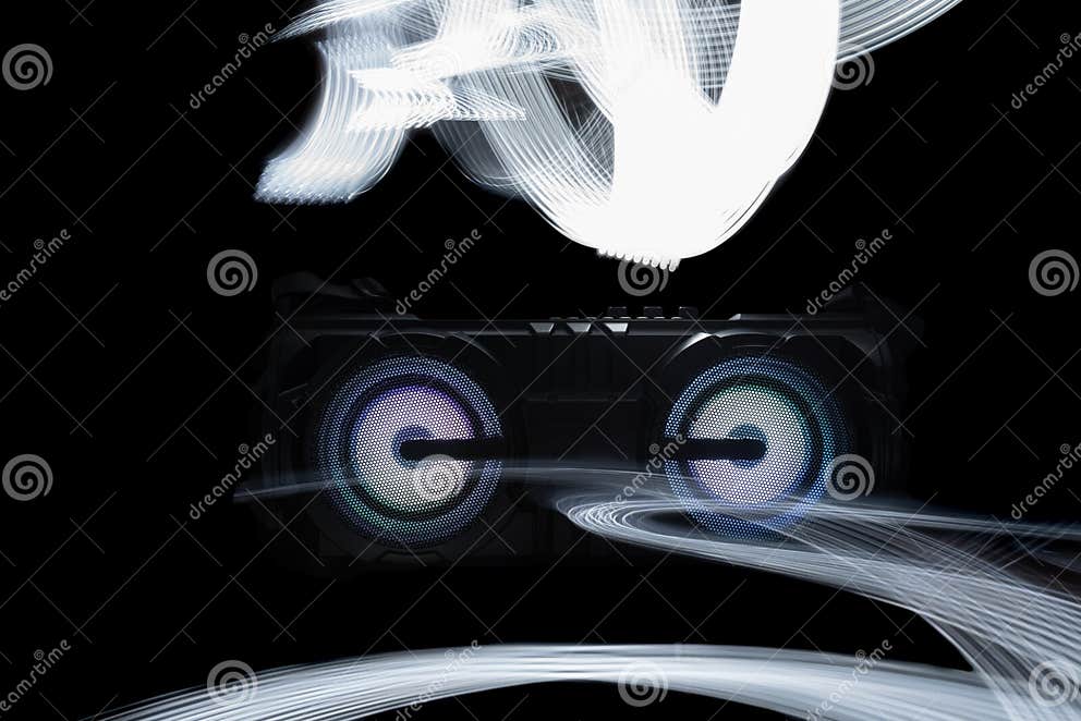 Audio Speaker on Black Background with Abstract Light Pattern Stock ...