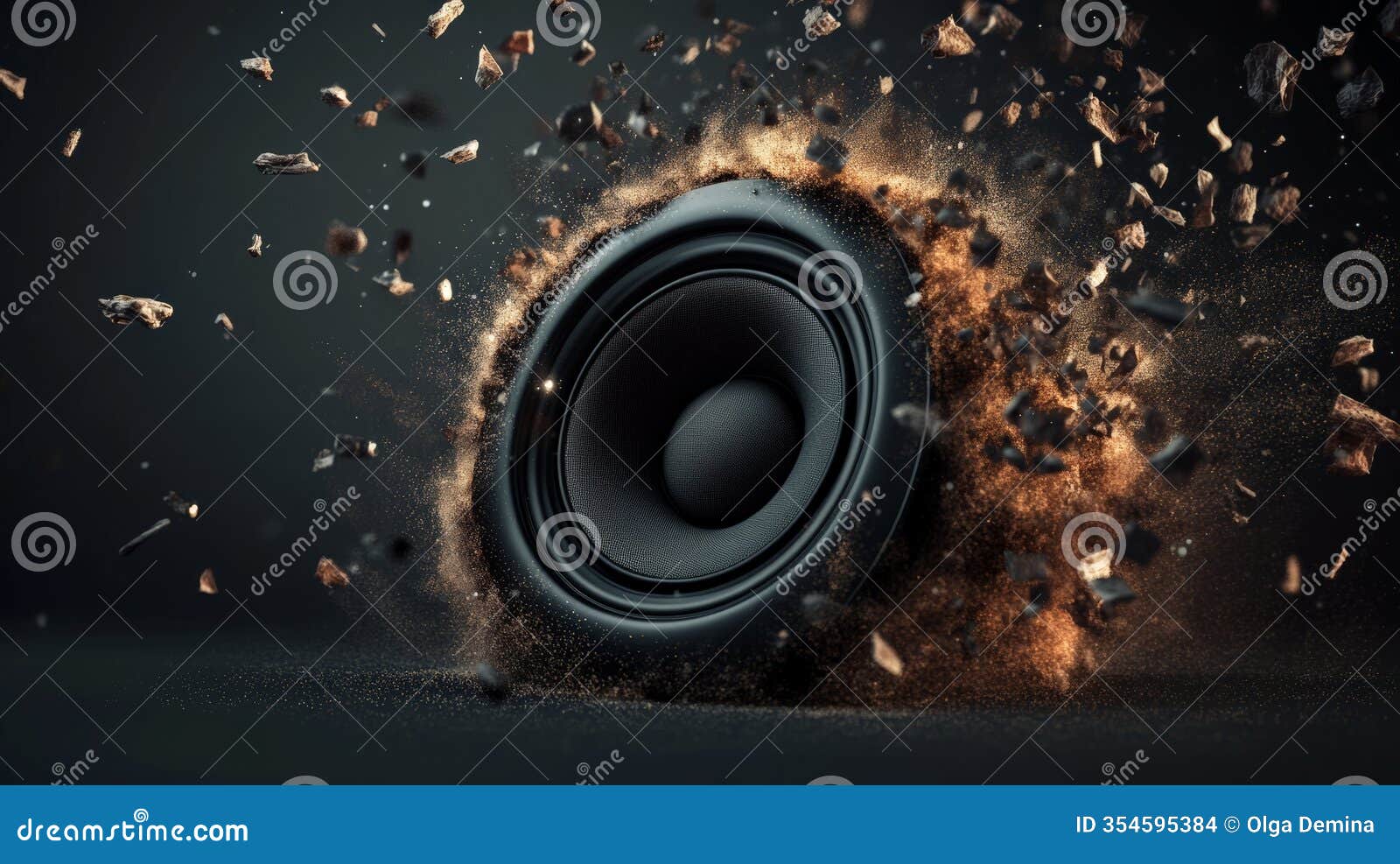 Audio Speaker Exploding with Brown Dust Particles on Dark Background ...