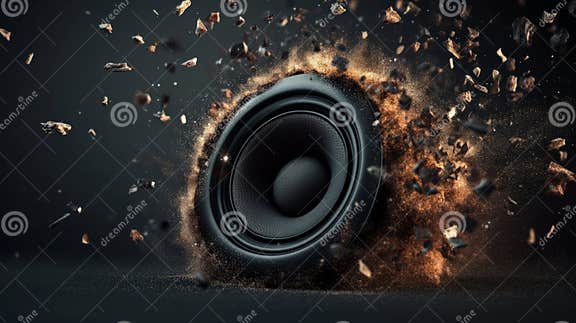 Audio Speaker Exploding with Brown Dust Particles on Dark Background ...