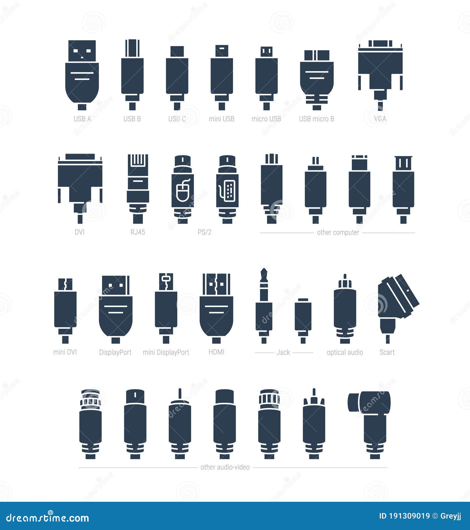 Audio, Video and Computer Cable Connectors Vector Icons in Glyph Style ...