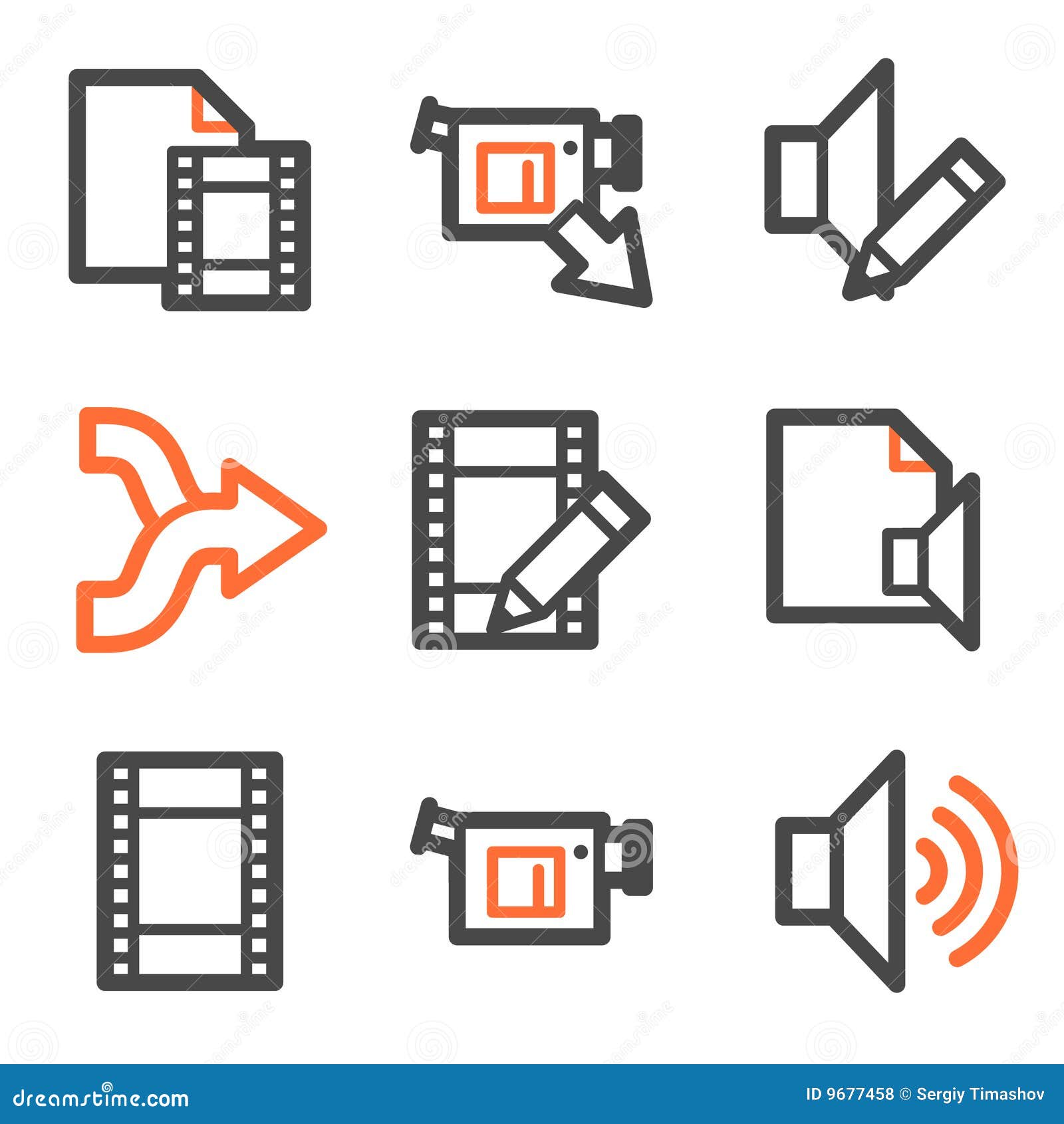 Audio Video Edit Web Icons, Orange-gray Contour Stock Vector ...