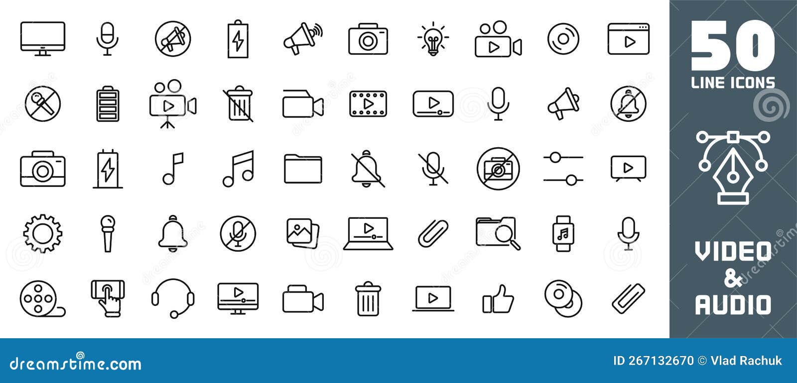 Audio and Video Icons Pack. Audio and Video Concept Icons. Thin Line ...