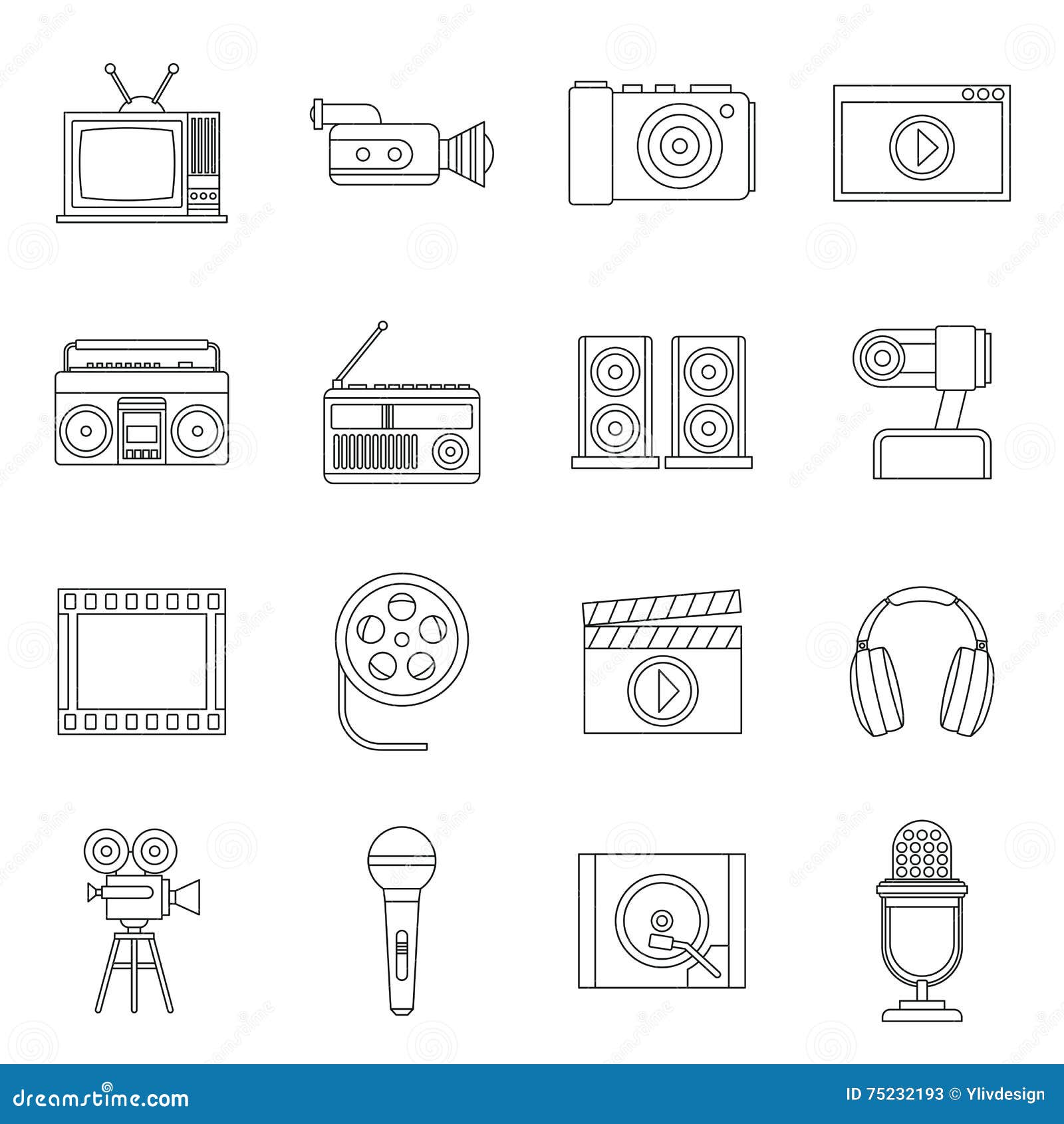 Audio and Video Icons Set, Outline Style Stock Vector - Illustration of ...