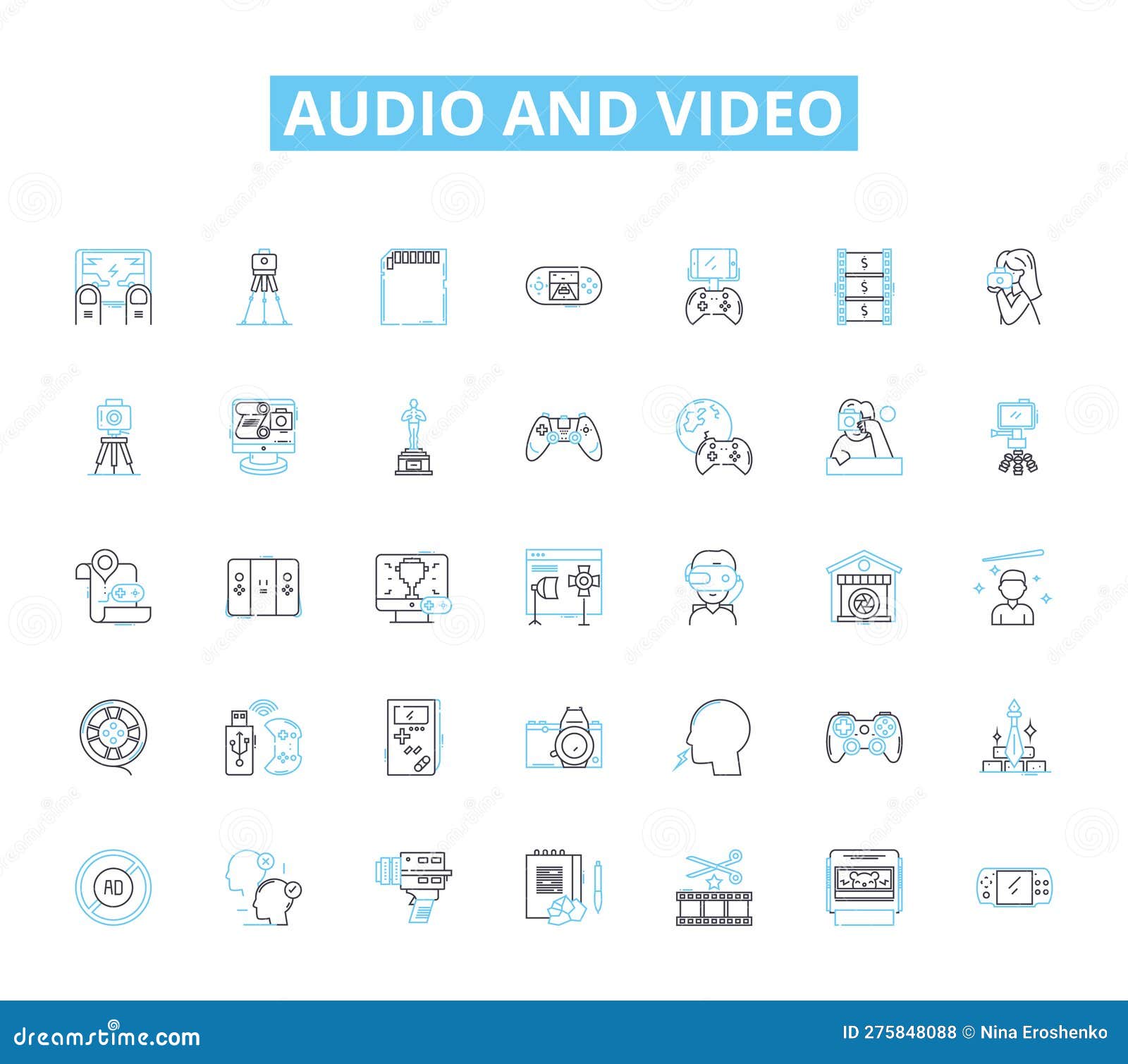 Audio and Video Linear Icons Set. Playback, Streaming, Editing, Mixing ...