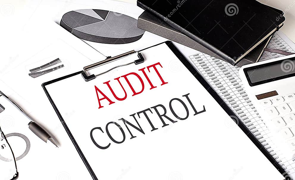 AUDIT CONTROL Text on Paper Clipboard with Chart and Notebook on Withe ...
