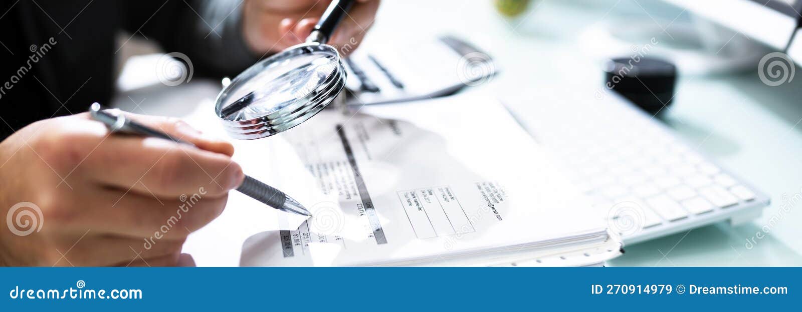 Audit and Fraud Investigation. Auditor Using Magnifying Glass Stock ...
