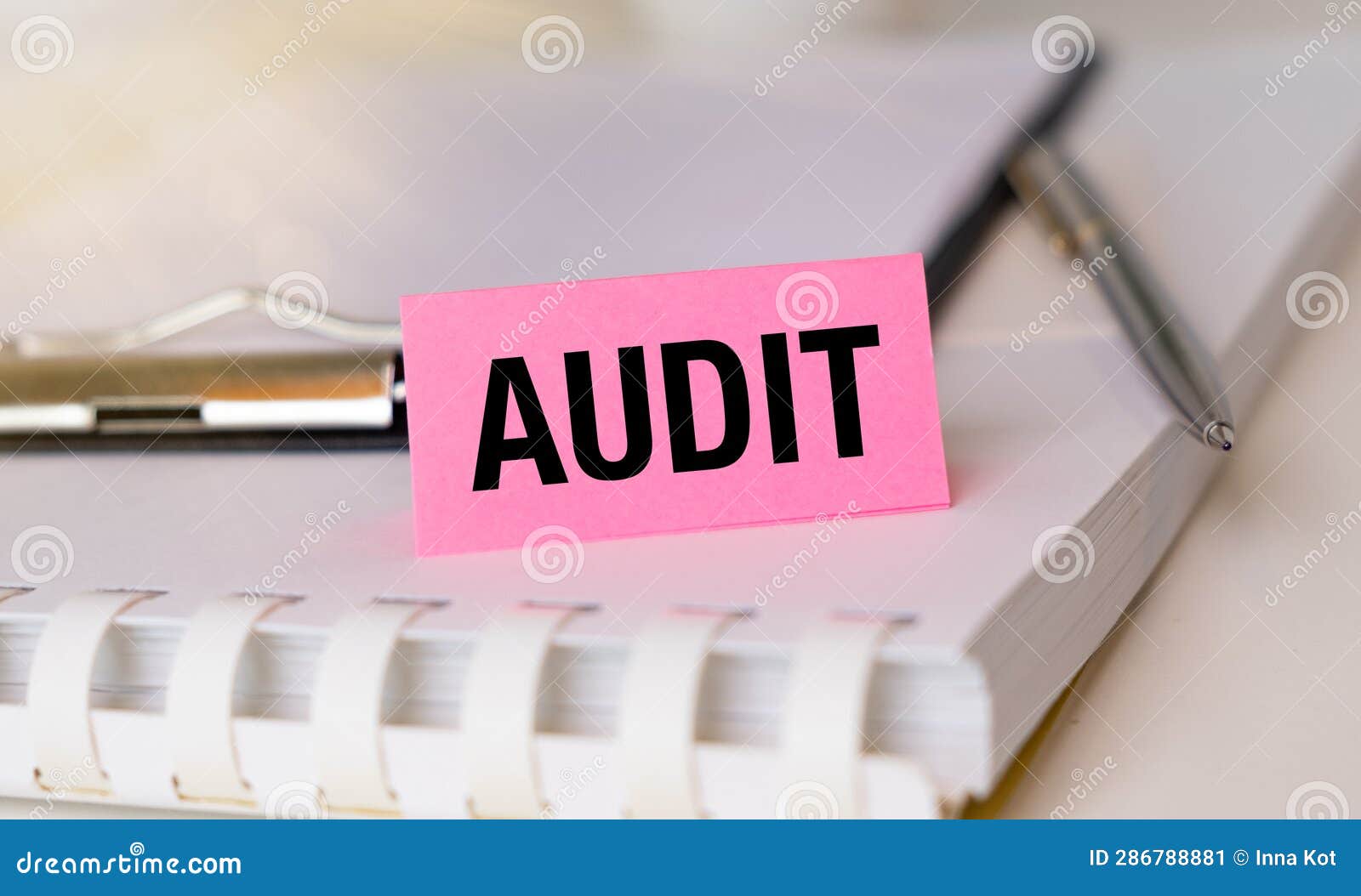 Audit Text on Pink Card on Notebook with Pen on Office Table Stock ...