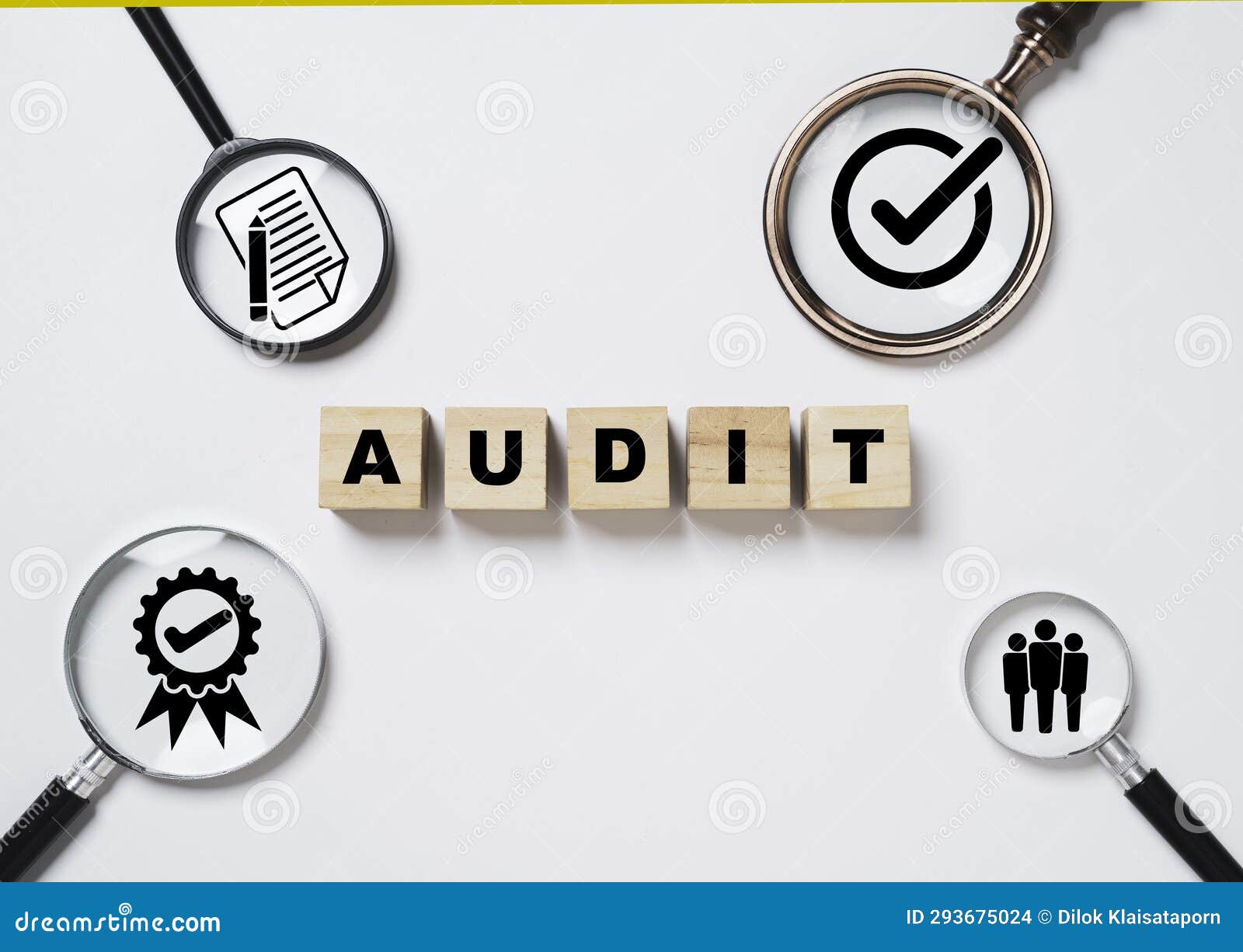 Audit Wording with Magnifier and Icon Include Document , Certificate ...