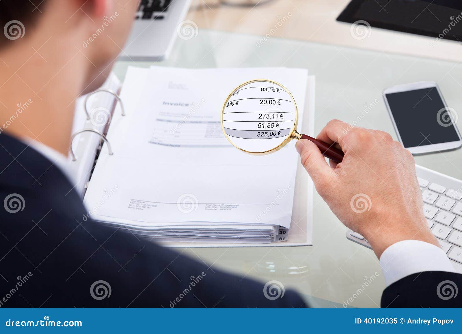 Auditor Examining Invoice with Magnifier Stock Image - Image of ...
