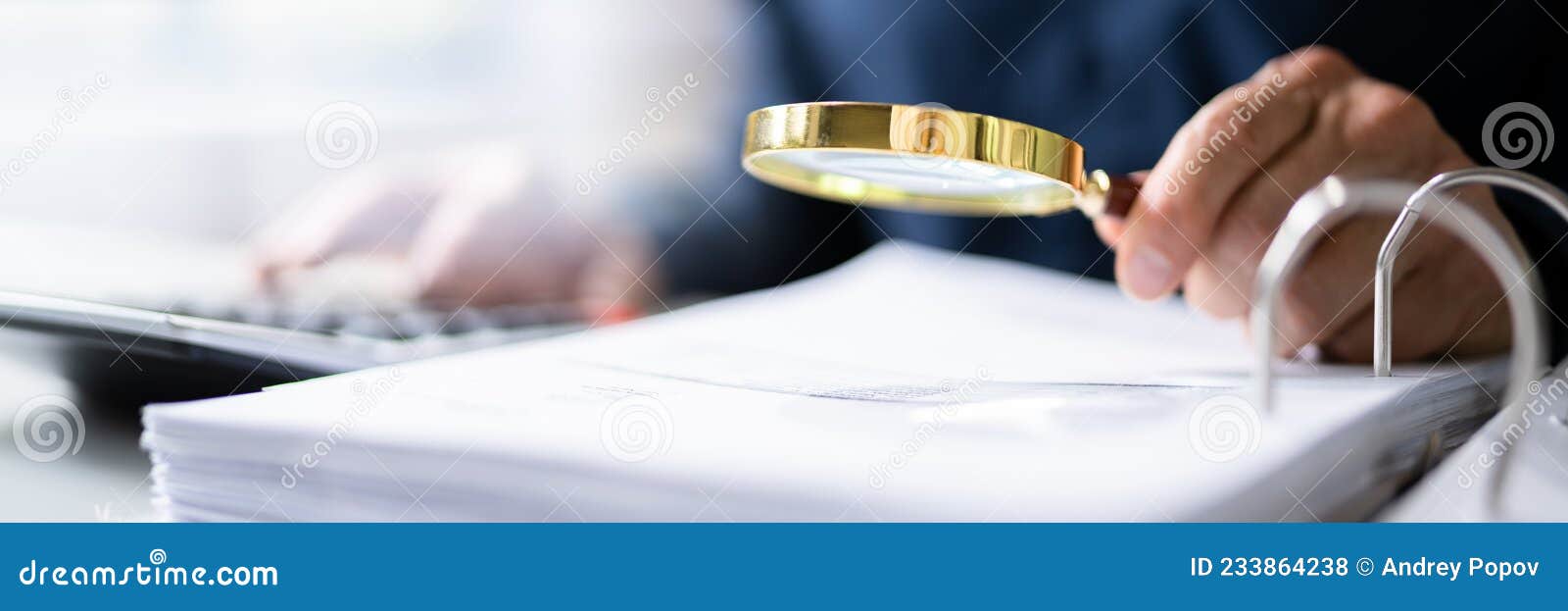 Auditor With Magnifying Glass Checking Financial Report. Stock ...