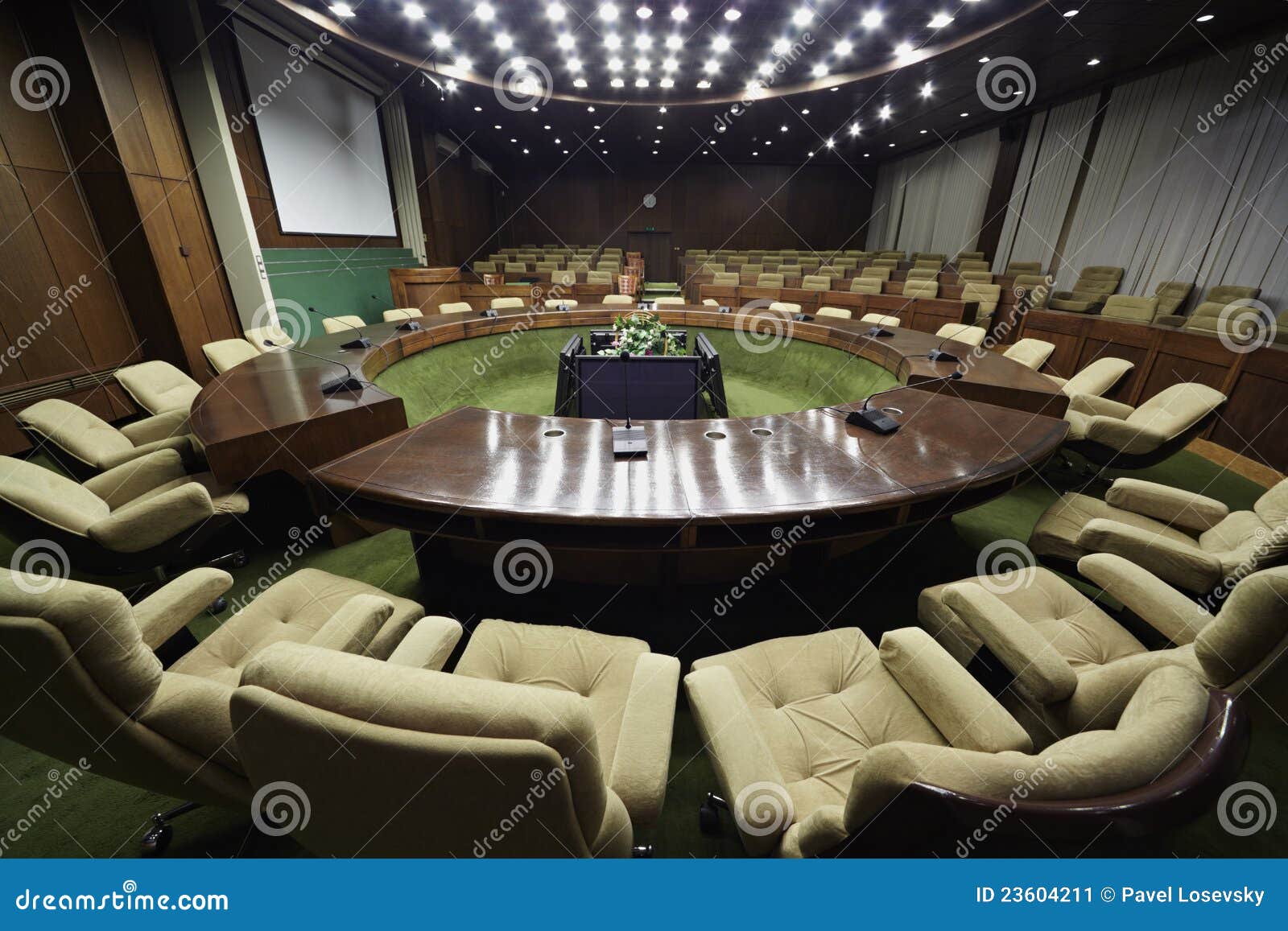 Auditorium with Round Table and Armchairs Stock Image - Image of lights ...