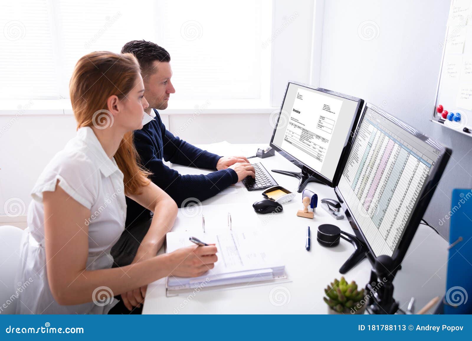 Auditors Working on Computer with Invoice Stock Image - Image of ...