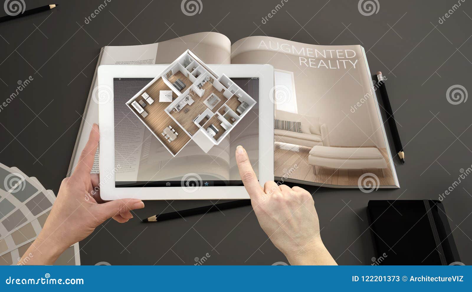Augmented Reality Concept. Hand Holding Tablet with AR Application Used ...