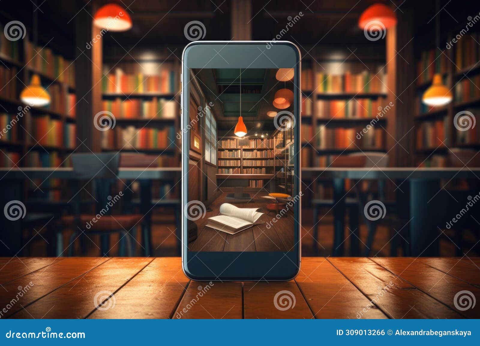 Augmented Reality Library Concept. Smartphone with 3D Rendered Library ...