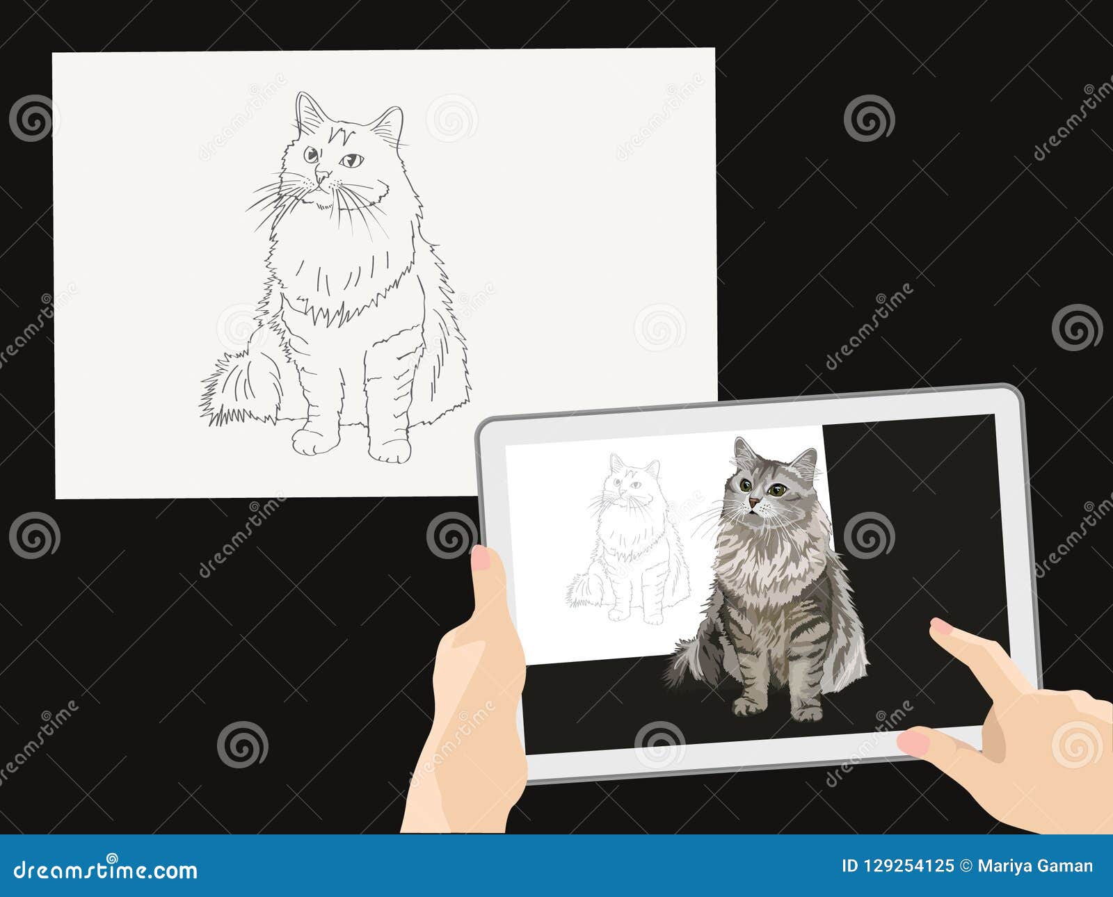 Augmented Reality. A Real Image Of A Cat On A Picture On Paper. Hands ...