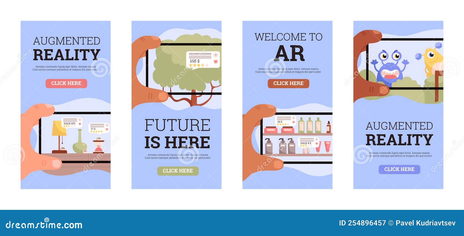 Augmented Reality Web Banners Set, People Using Smartphones with ...