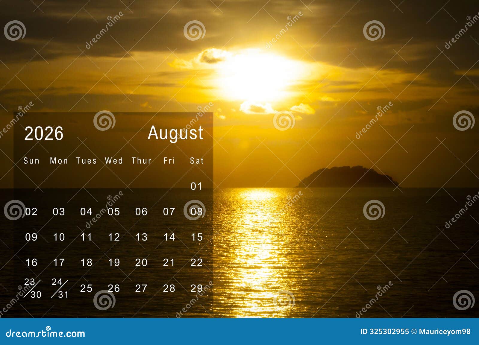 August 2026 Calendar with Beautiful Evening View of Beach. Calendar and ...