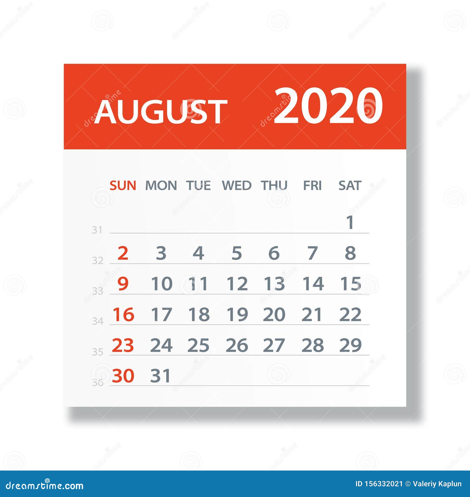 August 2020 Calendar Leaf - Vector Illustration Stock Illustration ...