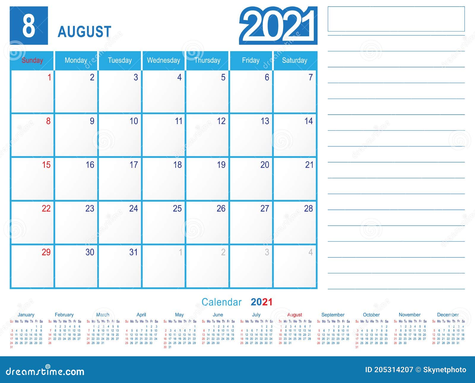 August 2021 Calendar Monthly Planner Design Stock Vector - Illustration ...