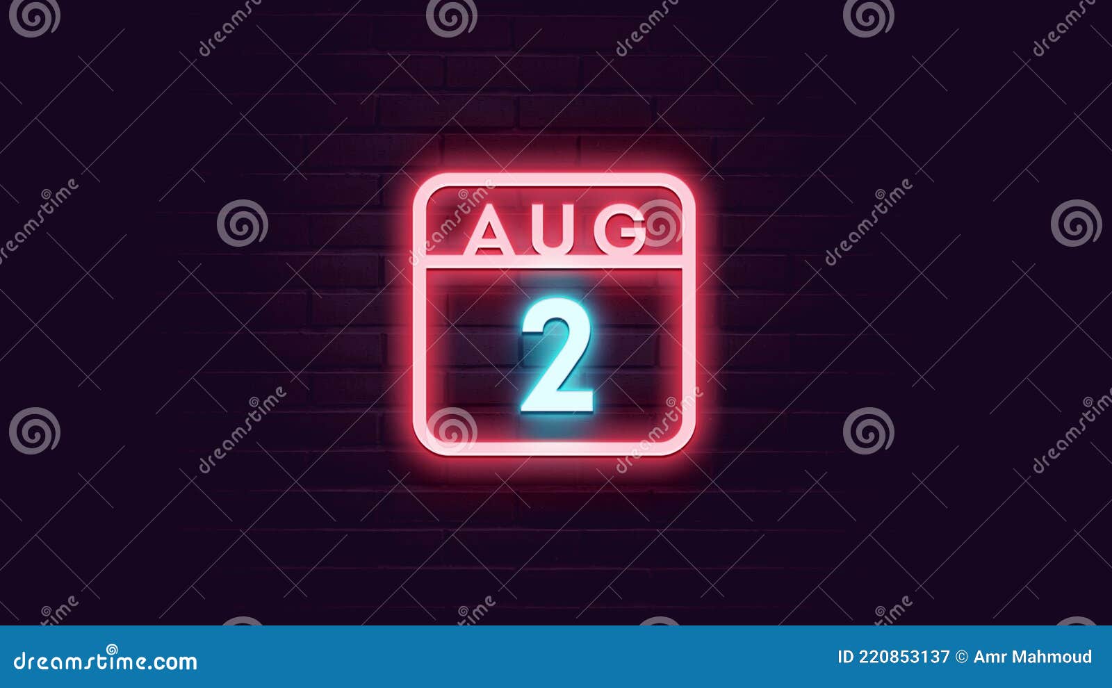 August 2 Calendar with Neon Blue and Red Neon Lights on Bricks ...