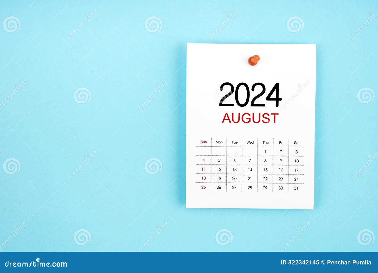 August 2024 Calendar Page with Push Pin on Blue Background Stock Image ...