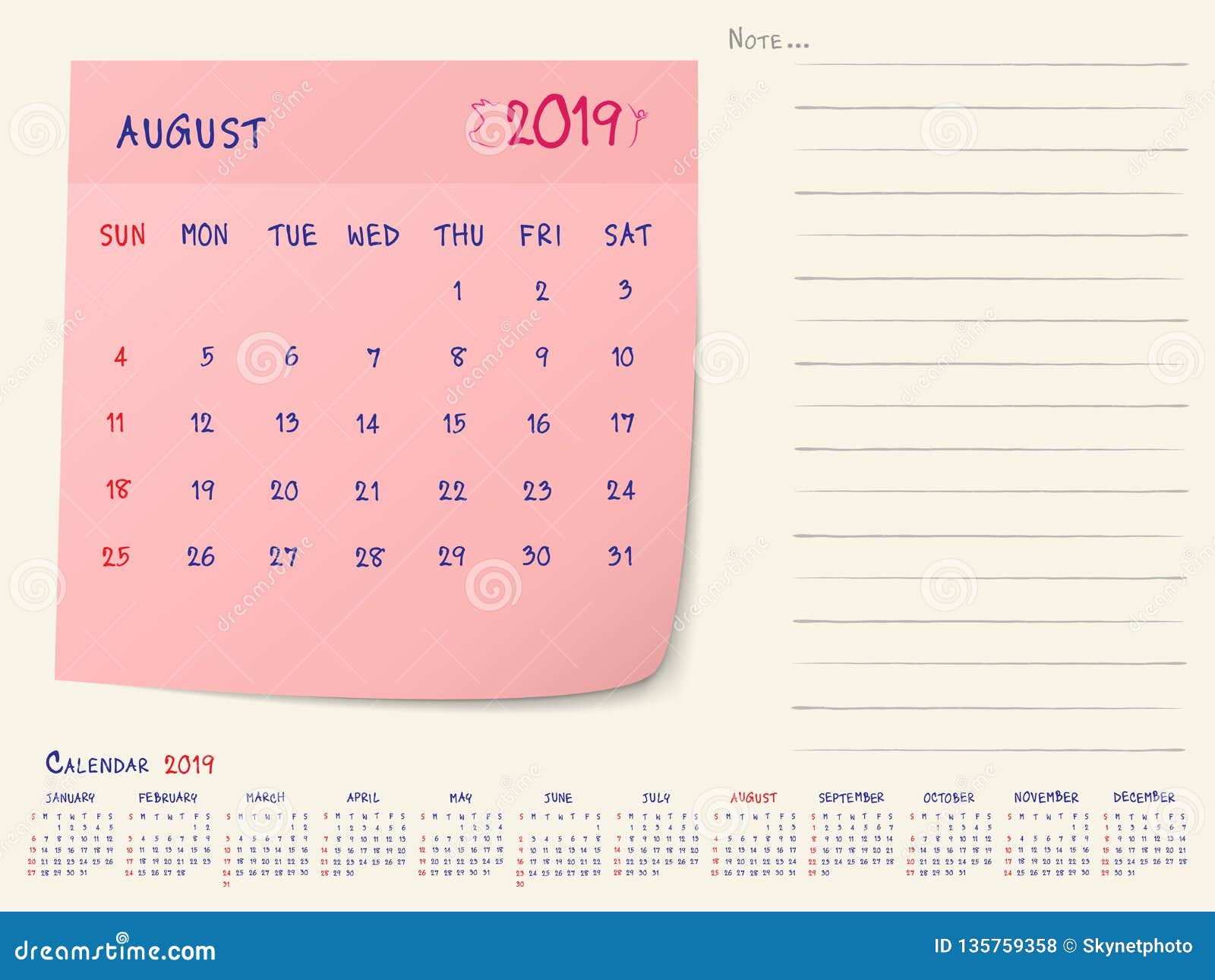August 2019 Calendar Paper Note Design Stock Vector - Illustration of ...