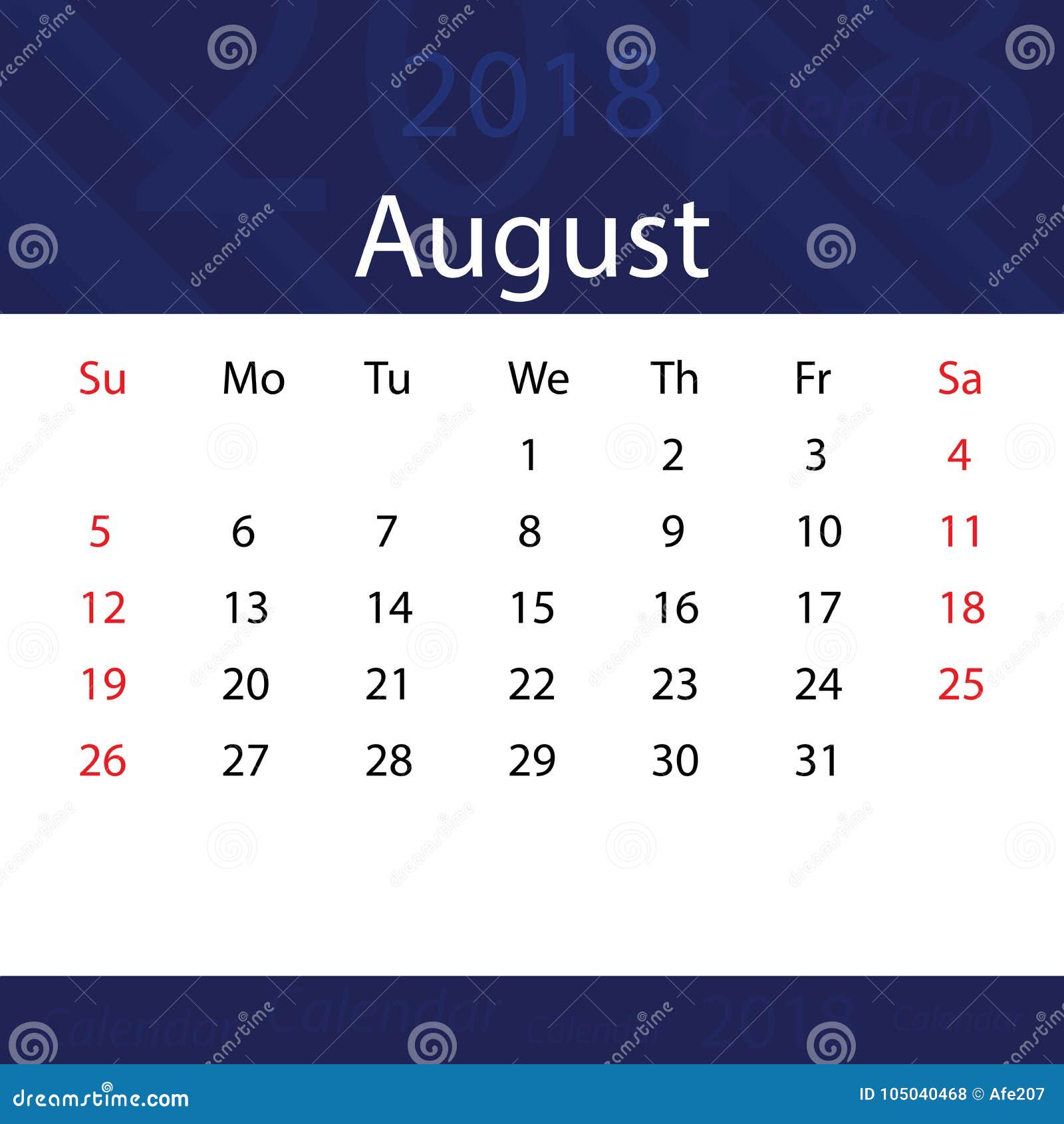 August 2018 Calendar Popular Blue Premium for Business Stock Vector ...