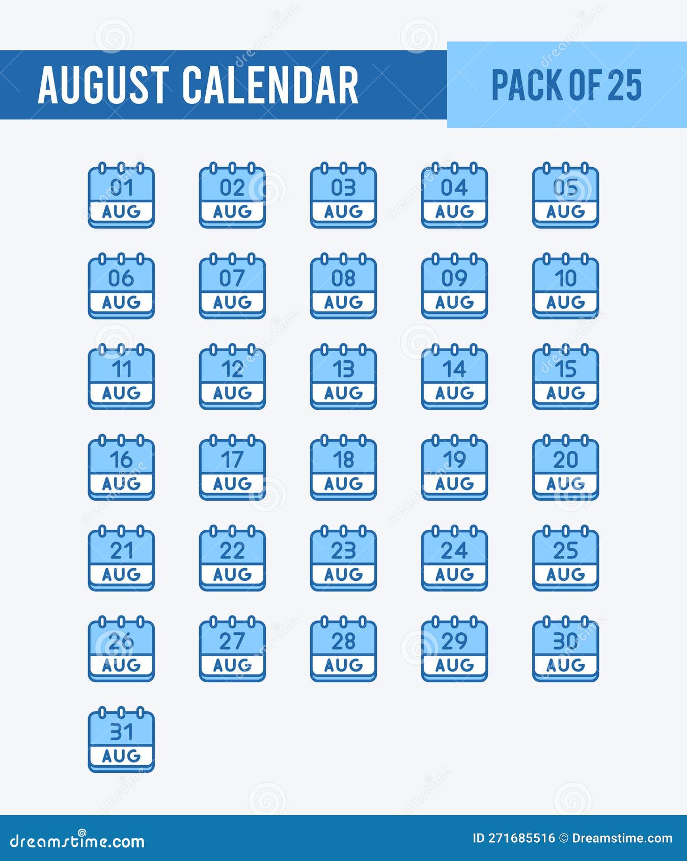 25 August Calendar. Two Color Icons Pack. Vector Illustration Stock ...