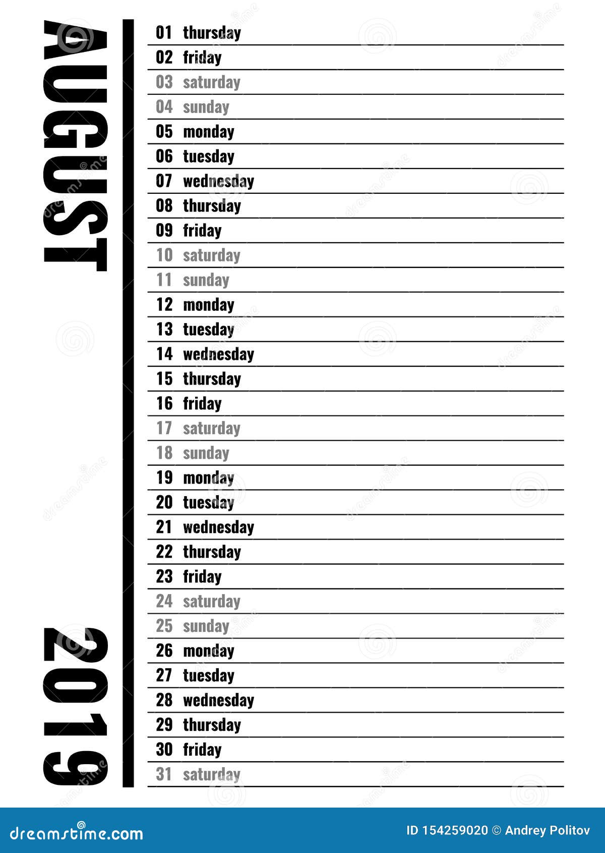 August 2019 Calendar, Vertical Personal Organizer Template Stock Vector ...