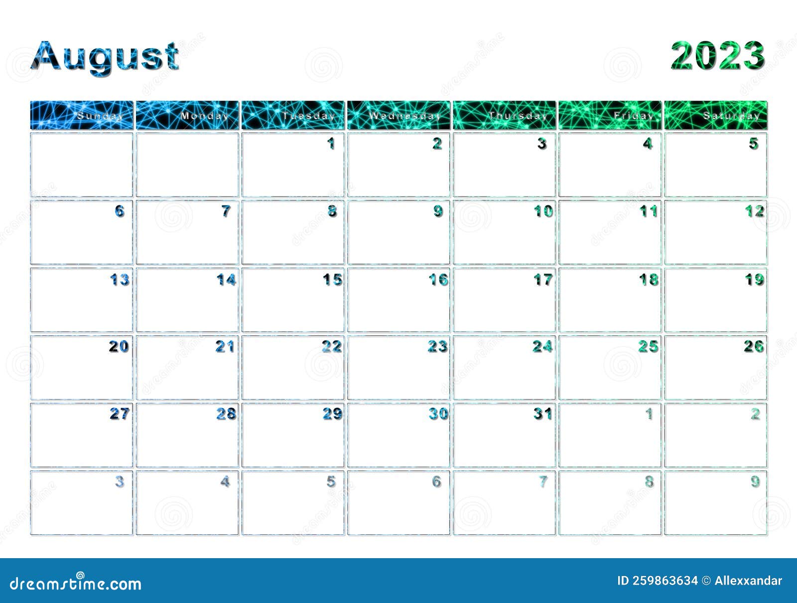 August 2023 Calendar, Week Start Sunday Stock Photo - Image of layout ...