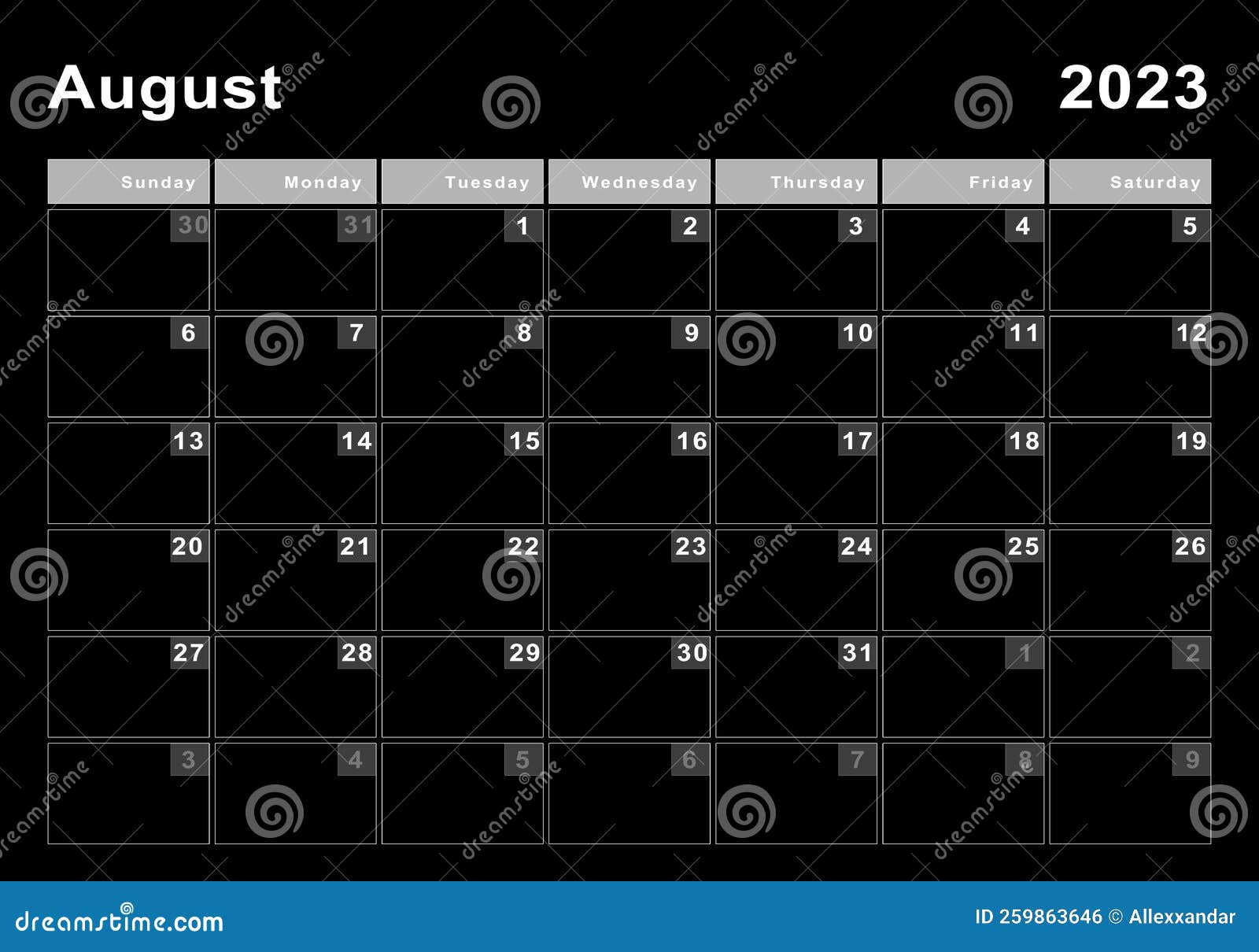August 2023 Calendar, Week Start Sunday Stock Illustration ...