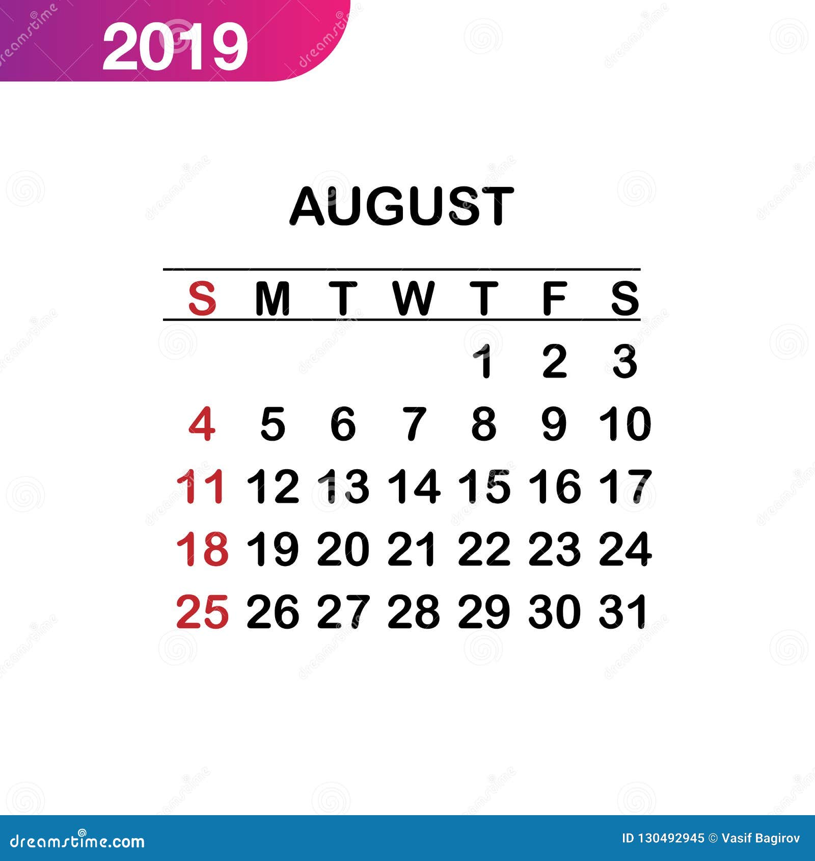 August Calendar 2019, Week Starts from Sunday, Business Template Stock ...