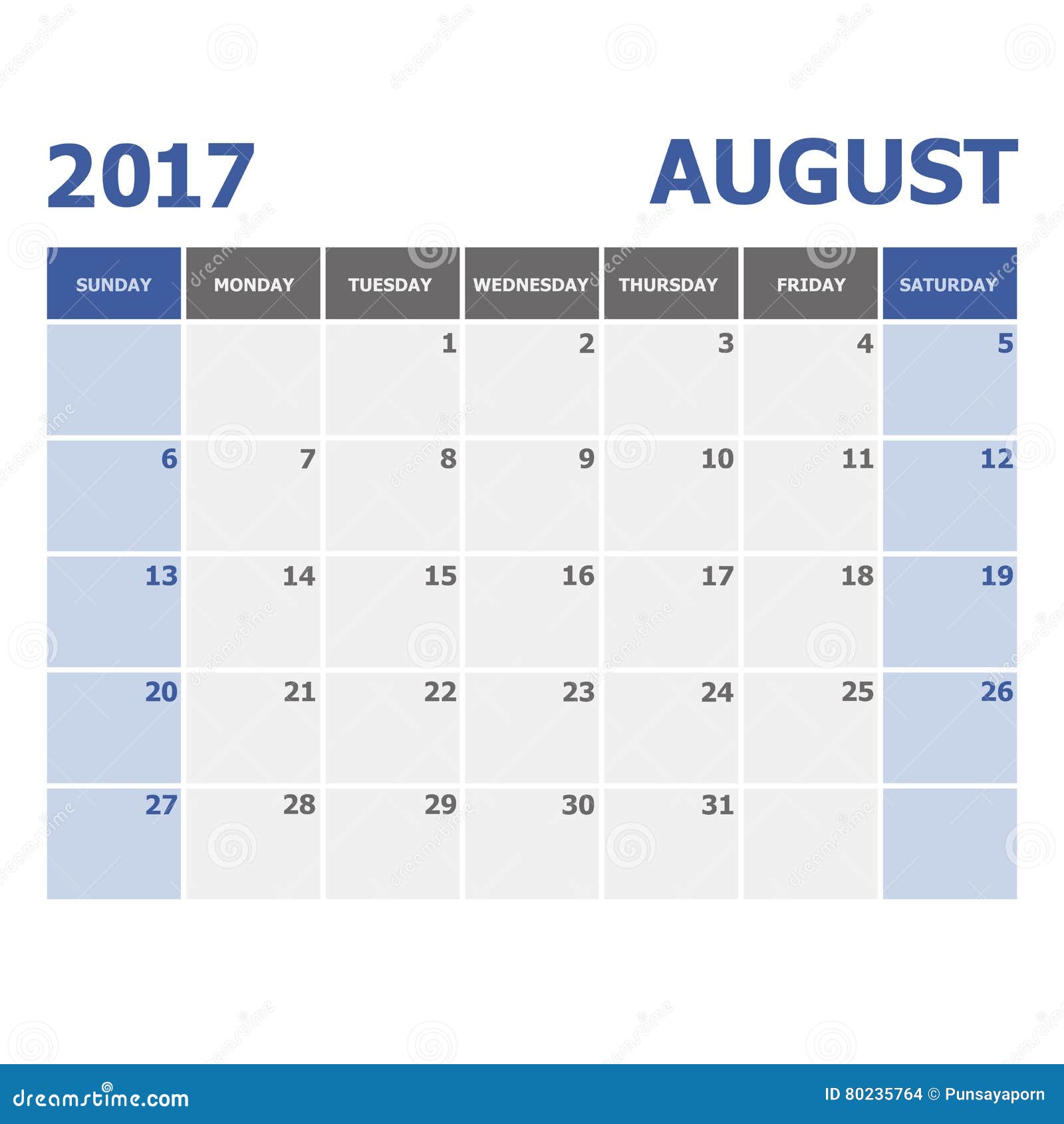 2017 August Calendar Week Starts on Sunday Stock Vector - Illustration ...