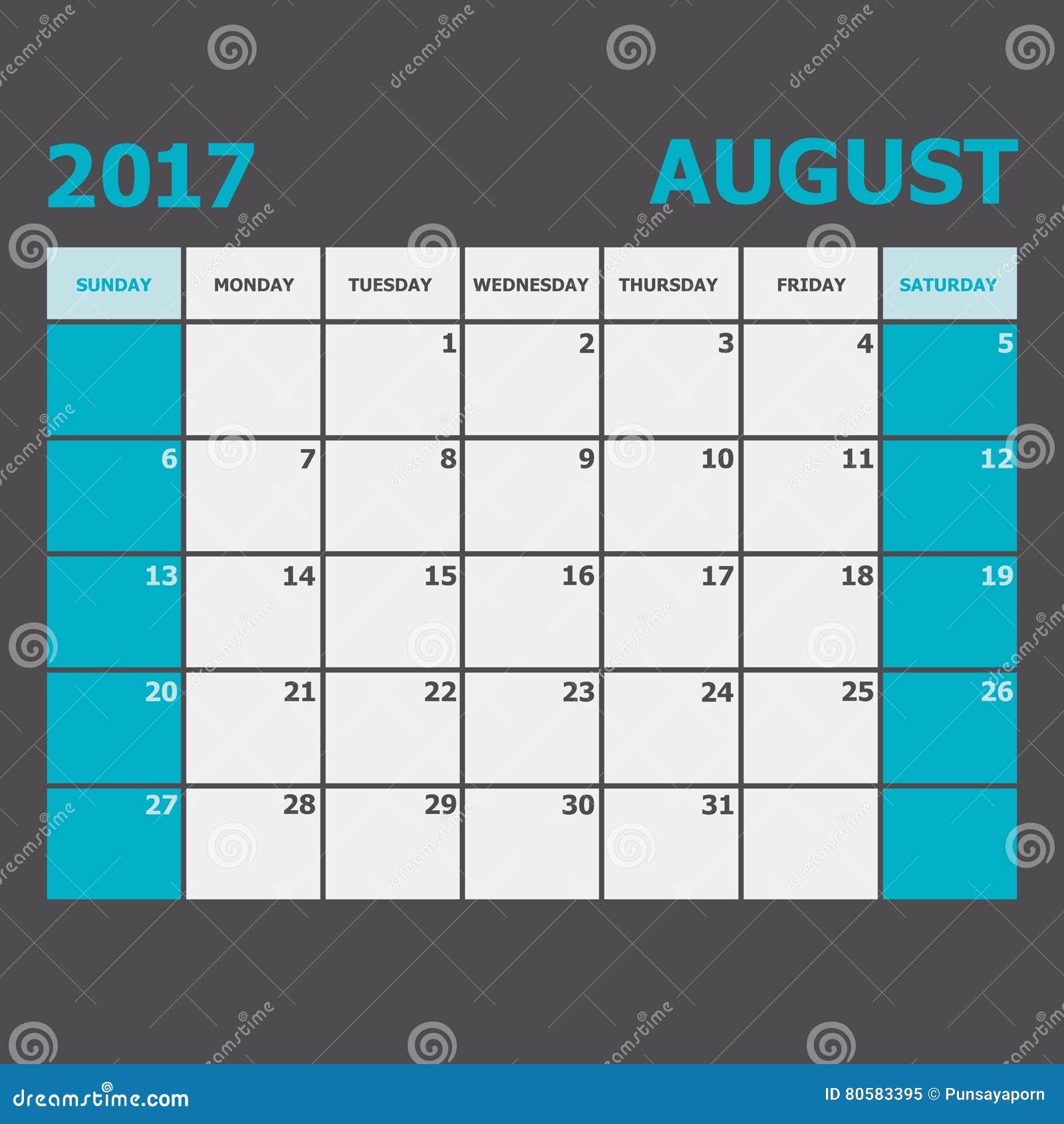 August 2017 Calendar Week Starts on Sunday Stock Vector - Illustration ...