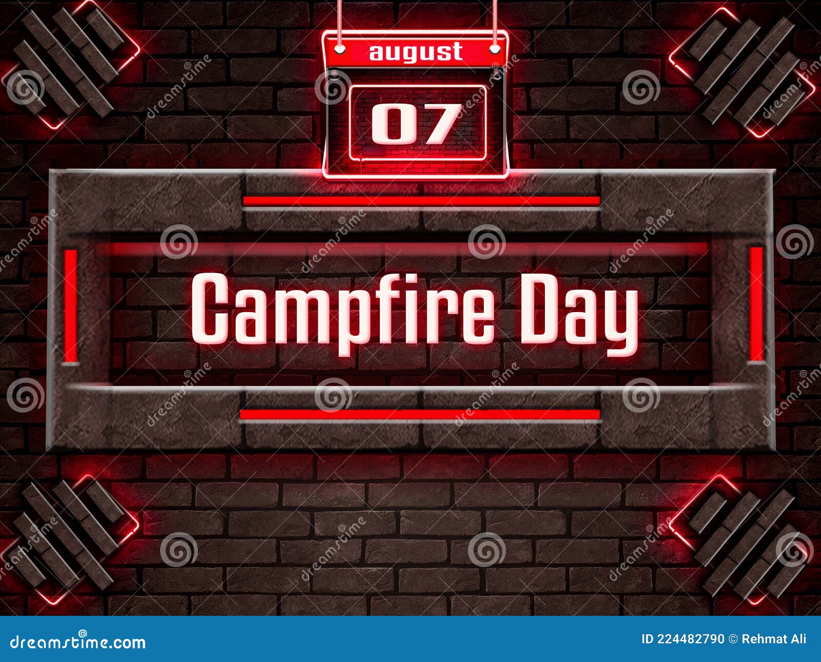 07 August, Campfire Day, Neon Text Effect on Bricks Background Stock ...