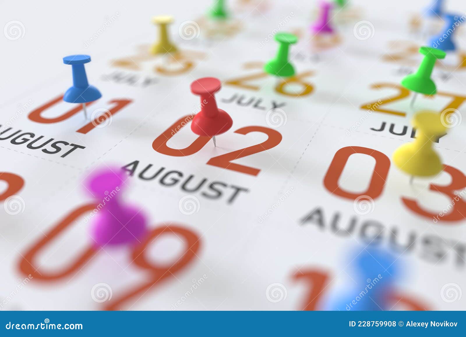 August 2 Date and Push Pin on a Calendar, 3D Rendering Stock ...