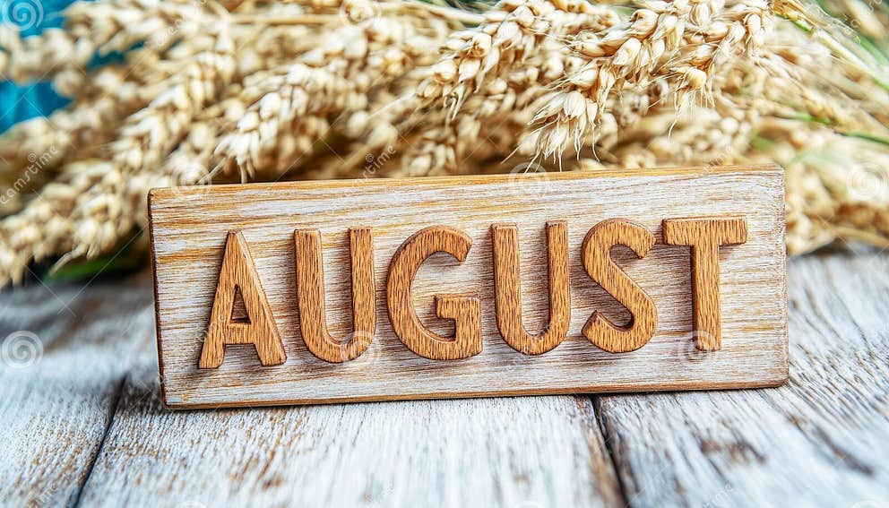 August Harvest Rustic Wooden Sign with a Bouquet of Wheat on a Timeworn ...