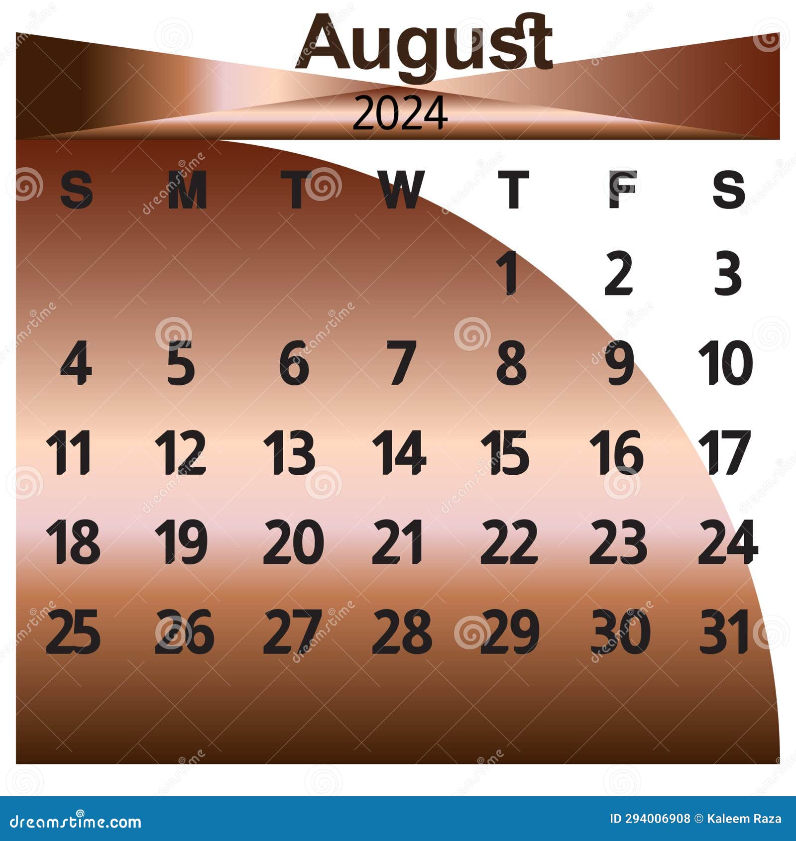 August Month 2024 Calendar in Bronze Color Stock Vector - Illustration ... August Month 2024 Calendar in Bronze Color Stock Vector - Illustration ...