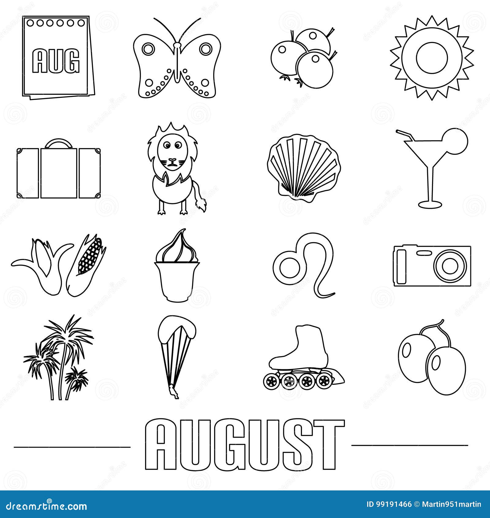 August Month Theme Set of Simple Outline Icons Eps10 Stock Vector ...