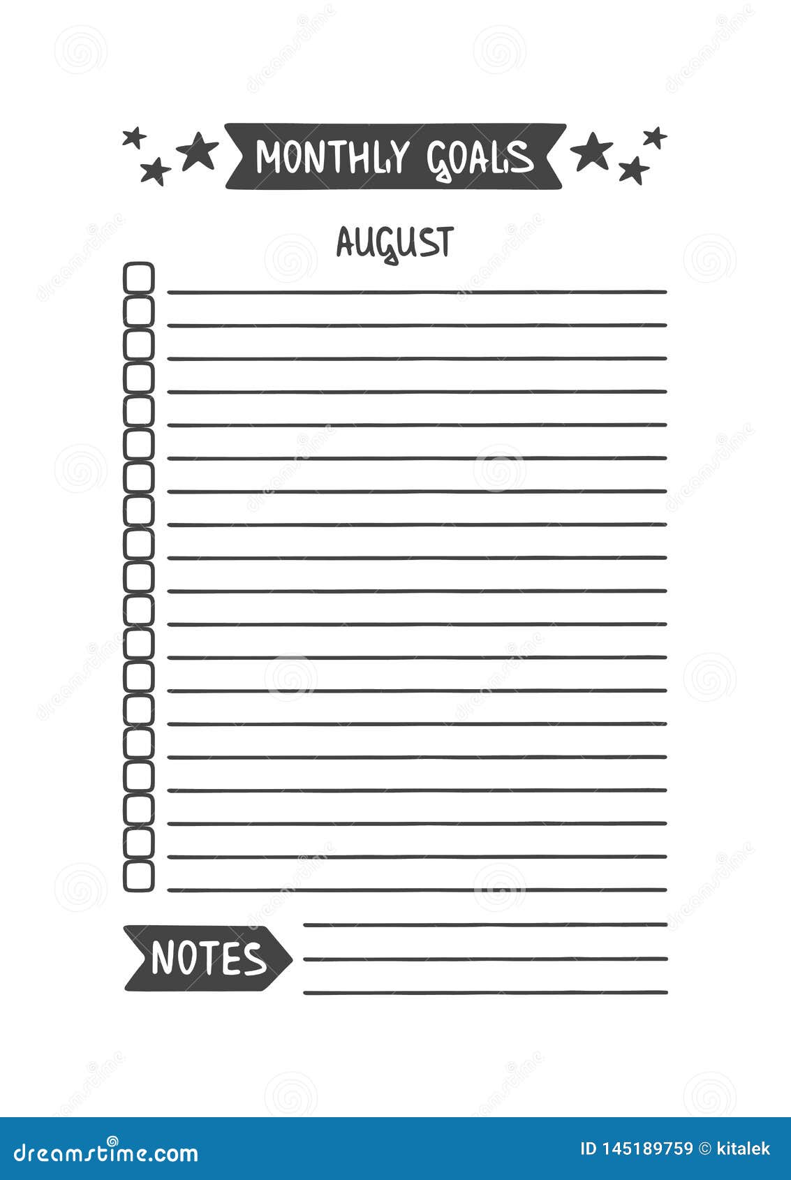 August Monthly Goals. Vector Template. Printable Organizer Stock Vector ...