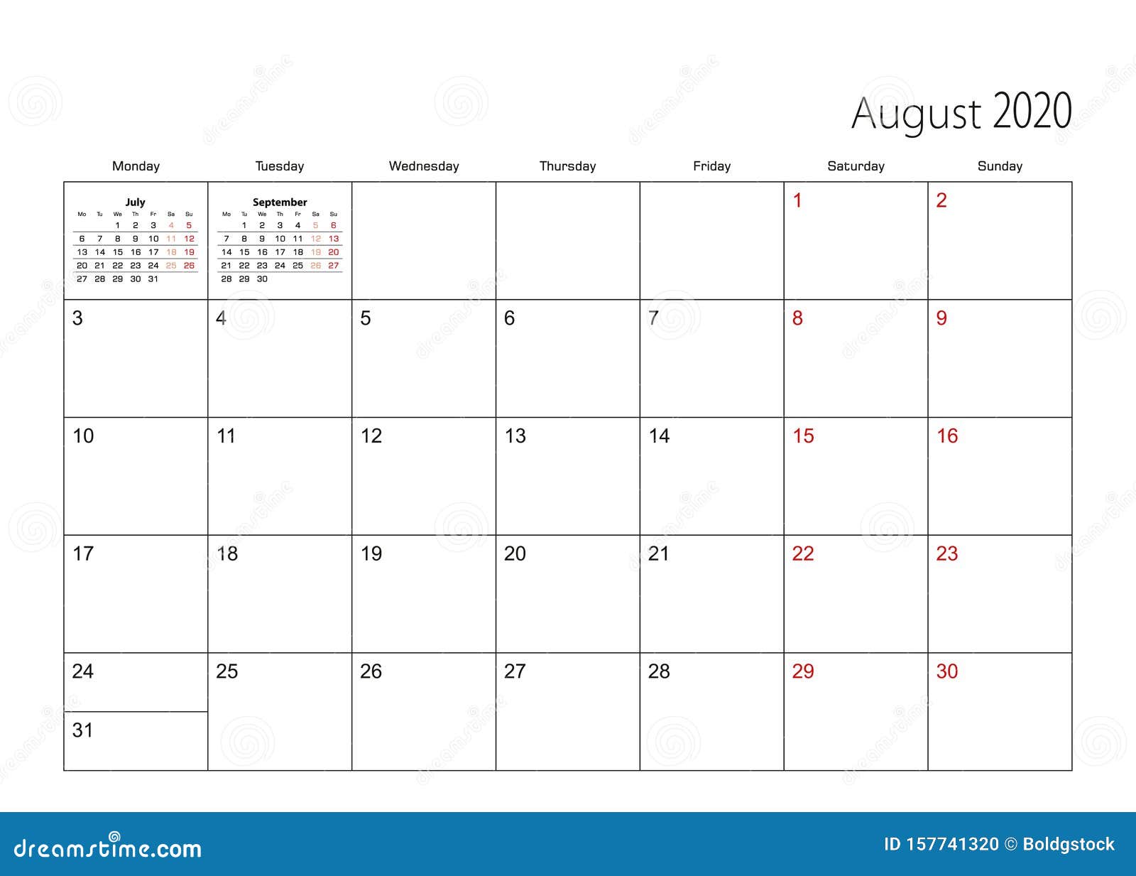 August 2020 Simple Calendar Planner, Week Starts from Monday Stock ...