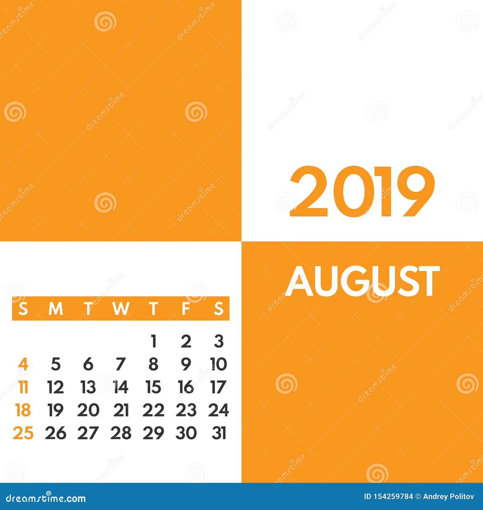 August 2019 Vector Calendar Grid Stock Vector - Illustration of diary ...