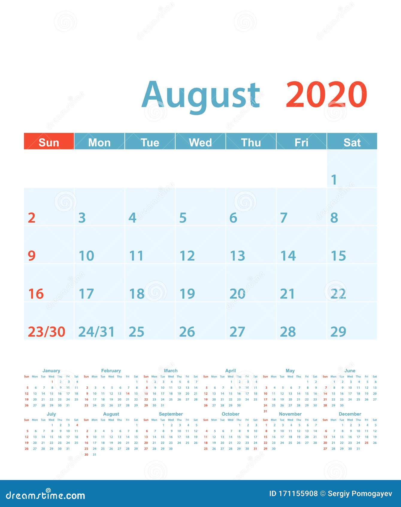 August 2020 wall calendar stock vector. Illustration of grid - 171155908