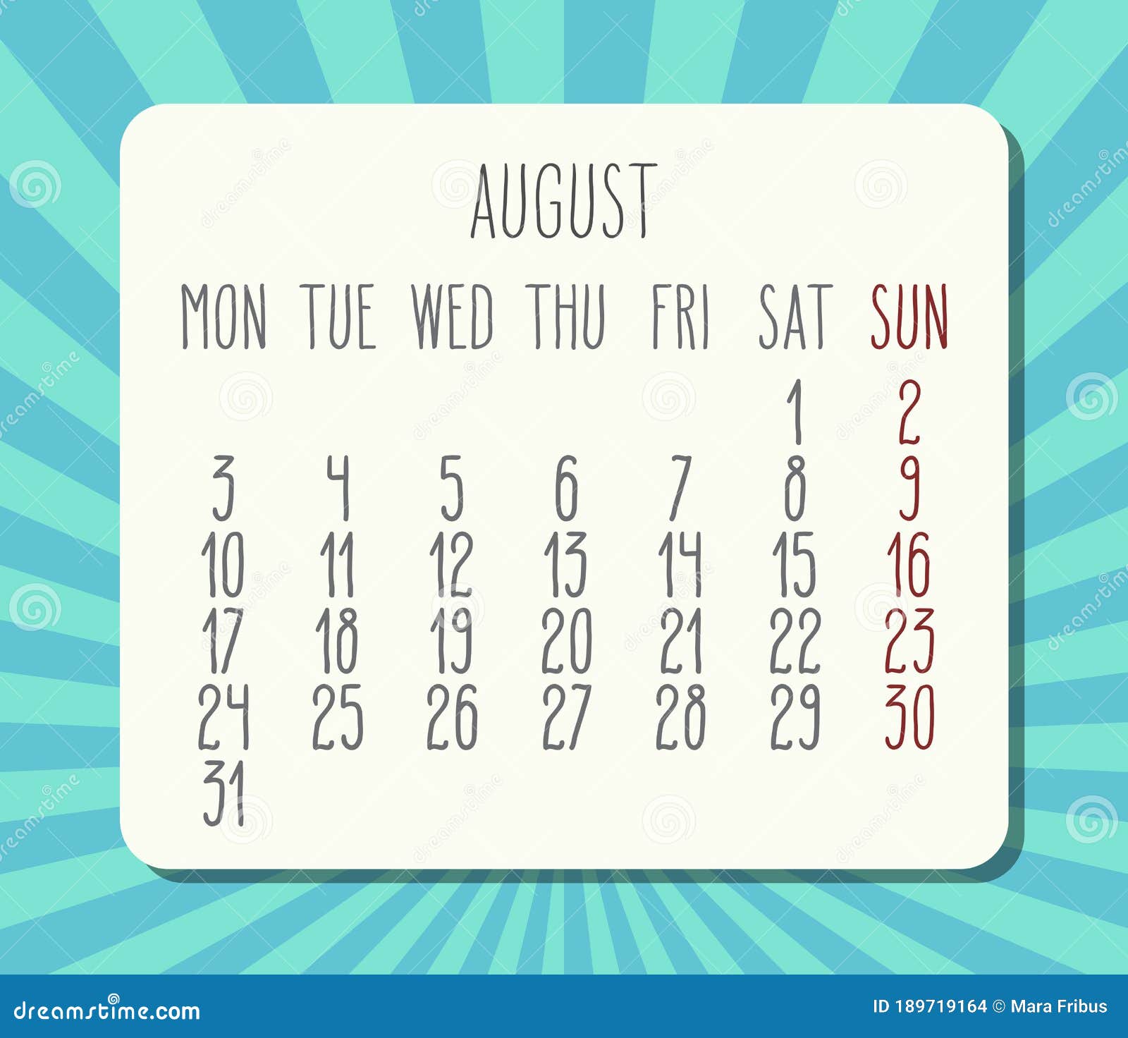 August Year 2020 Monthly Bright Rays of Light Calendar Stock Vector ...