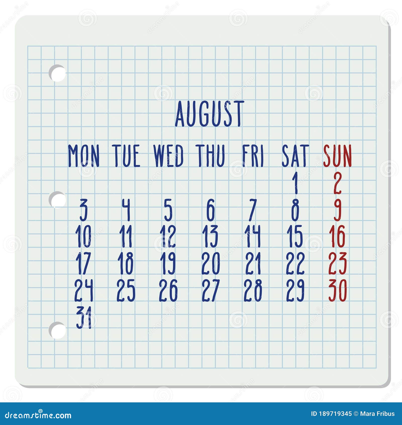 August Year 2020 Monthly Notebook Page Calendar Stock Vector ...