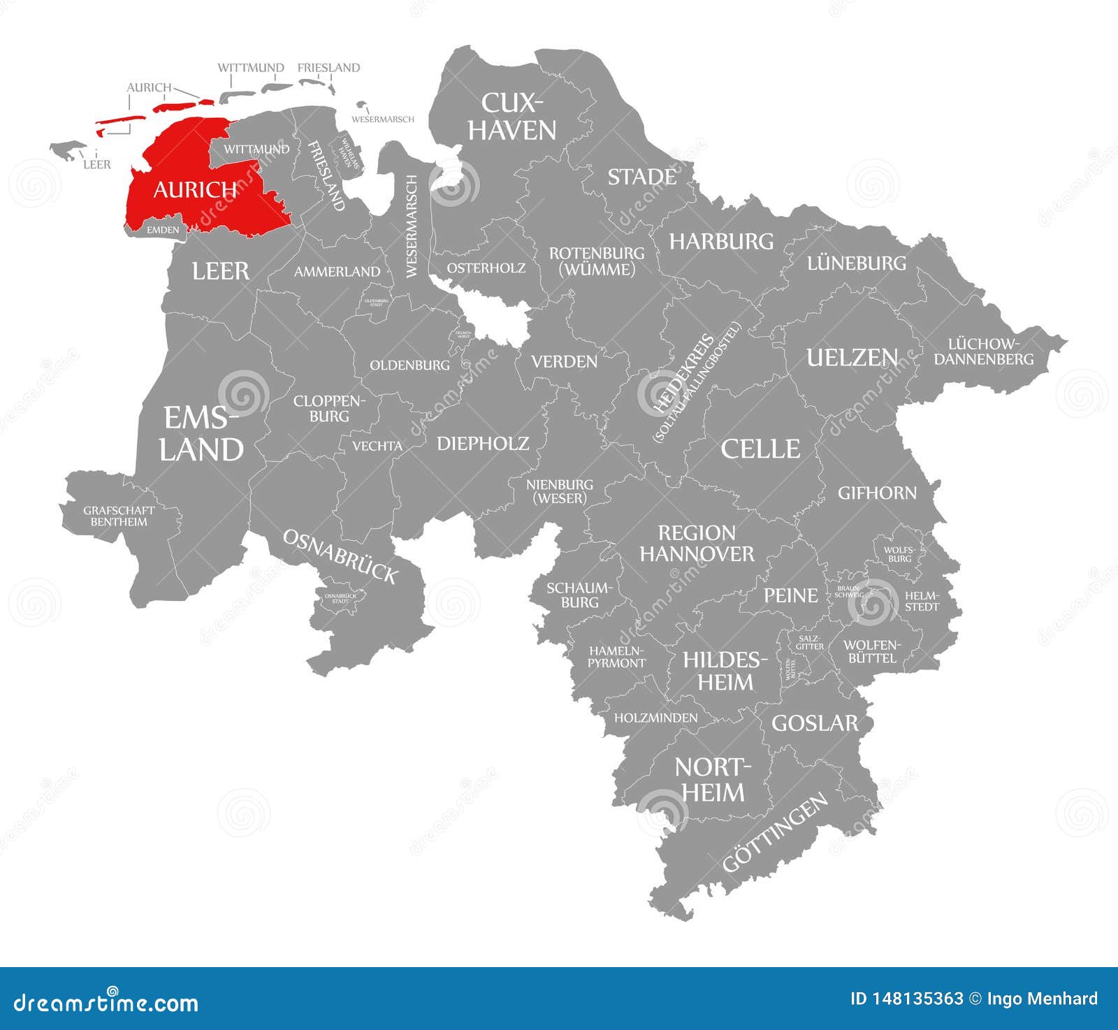 Aurich County Red Highlighted in Map of Lower Saxony Germany Stock ...