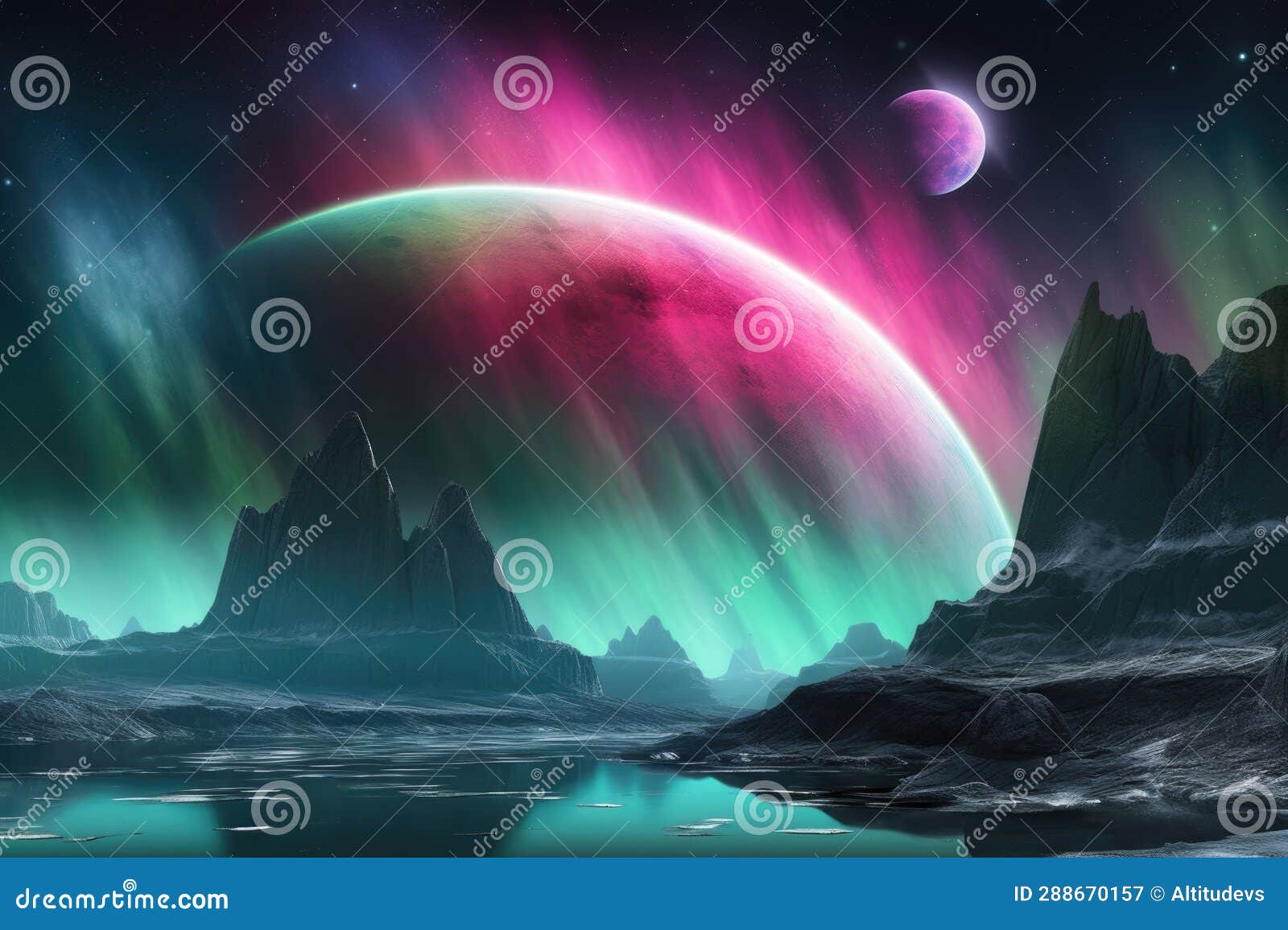 Aurora on a Rocky Planet with Multiple Moons Above Stock Image - Image ...