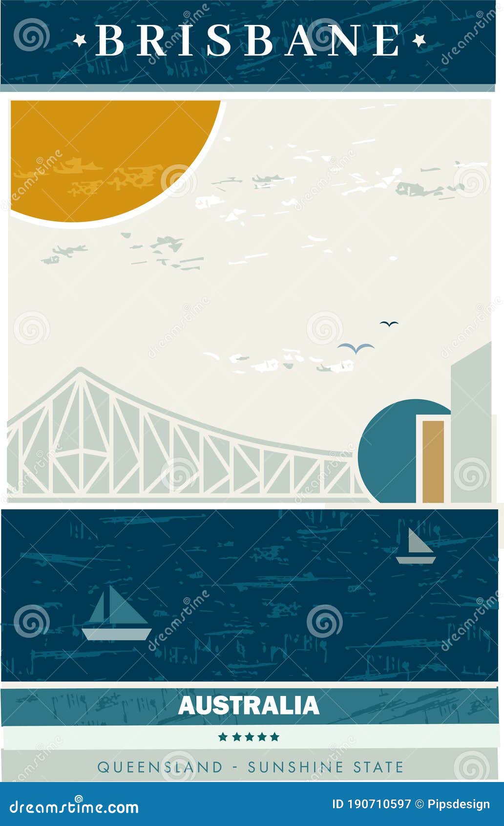 Brisbane City River Story Bridge Poster Illustration Cartoon Vector ...