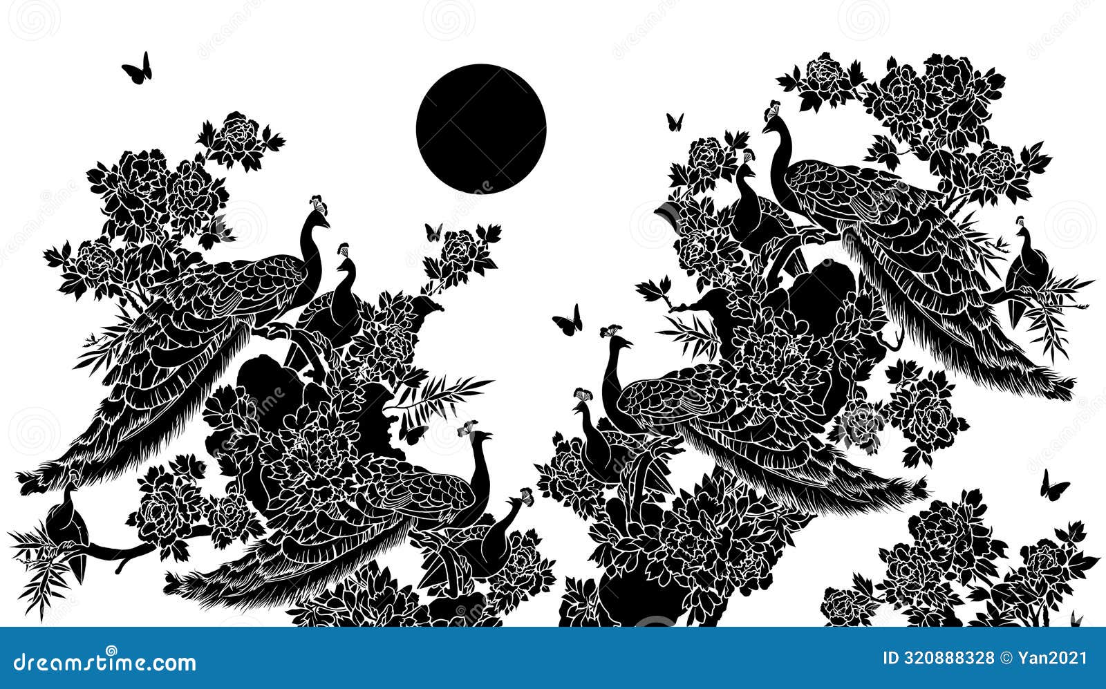 Auspicious Chinese Peacock Graphic Line Black and White Patterns on a ...